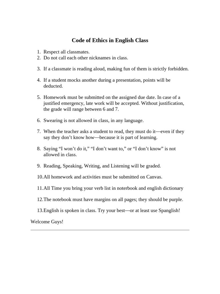 Code of Ethics in English Class | PDF