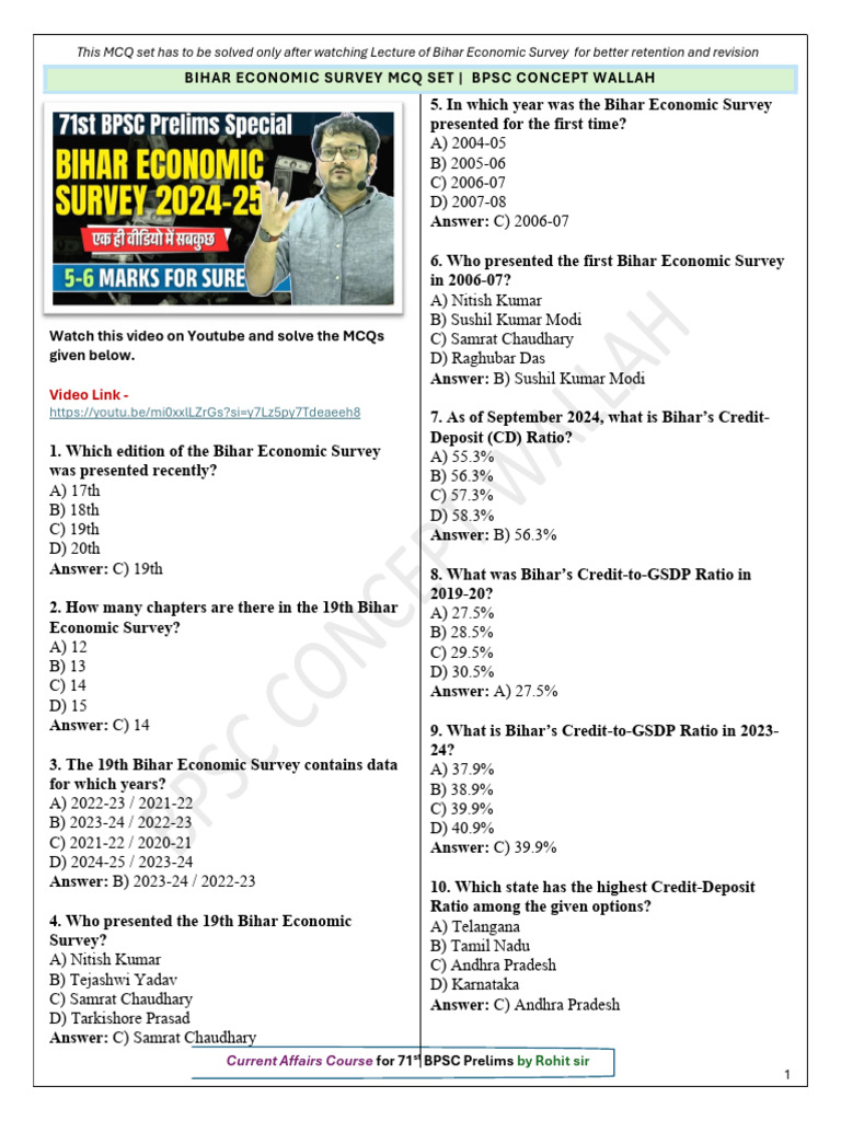Bihar Economic Survey MCQs for BPSC | PDF | Gross Domestic Product ...