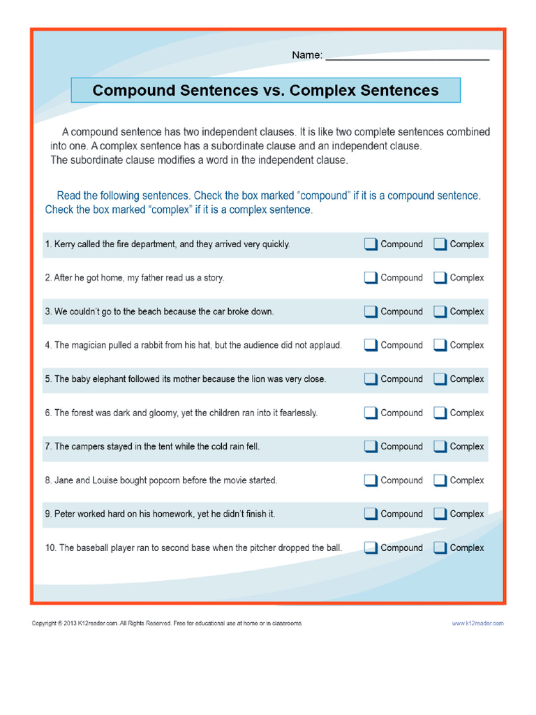 Compound Sentences vs. Complex Sentences Worksheet | PDF