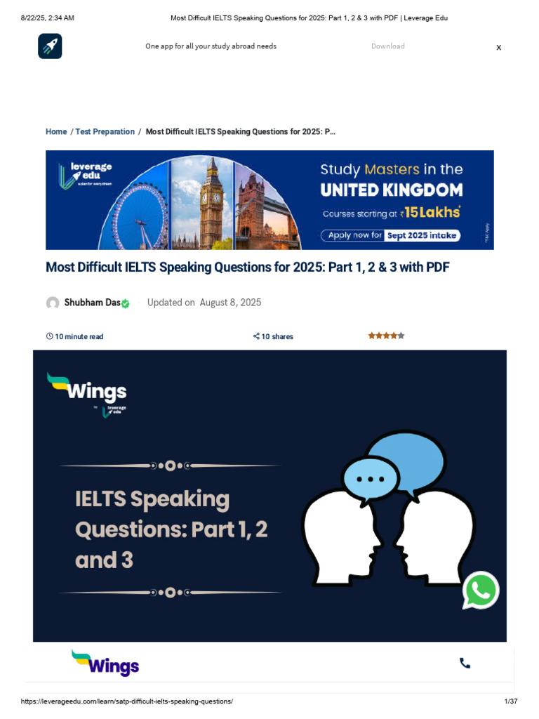 Hardest IELTS Speaking Questions 2025 | PDF | International English ...