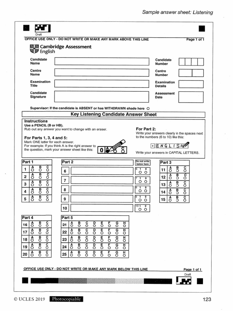 A2 KET - Listening, Reading and Writing Answer Sheets | PDF