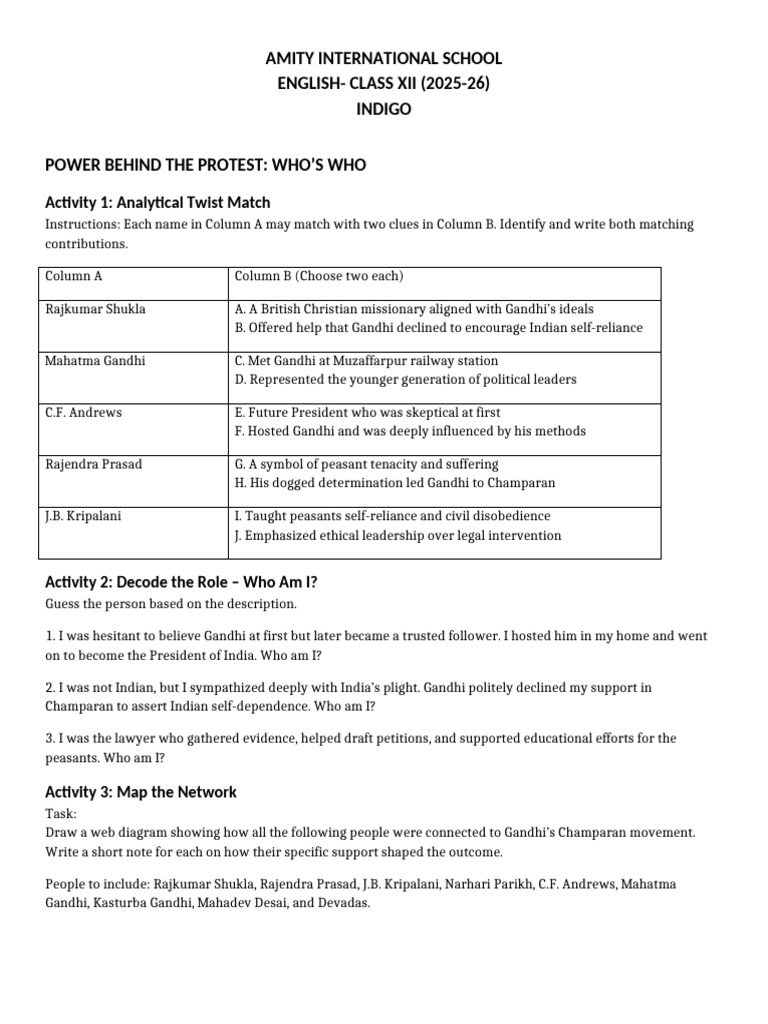 Indigo - Power Behind The Protest - Worksheet | PDF