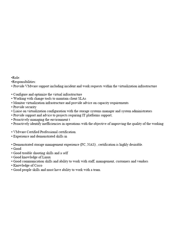 VMware Administrator JD | PDF | Virtualization | V Mware