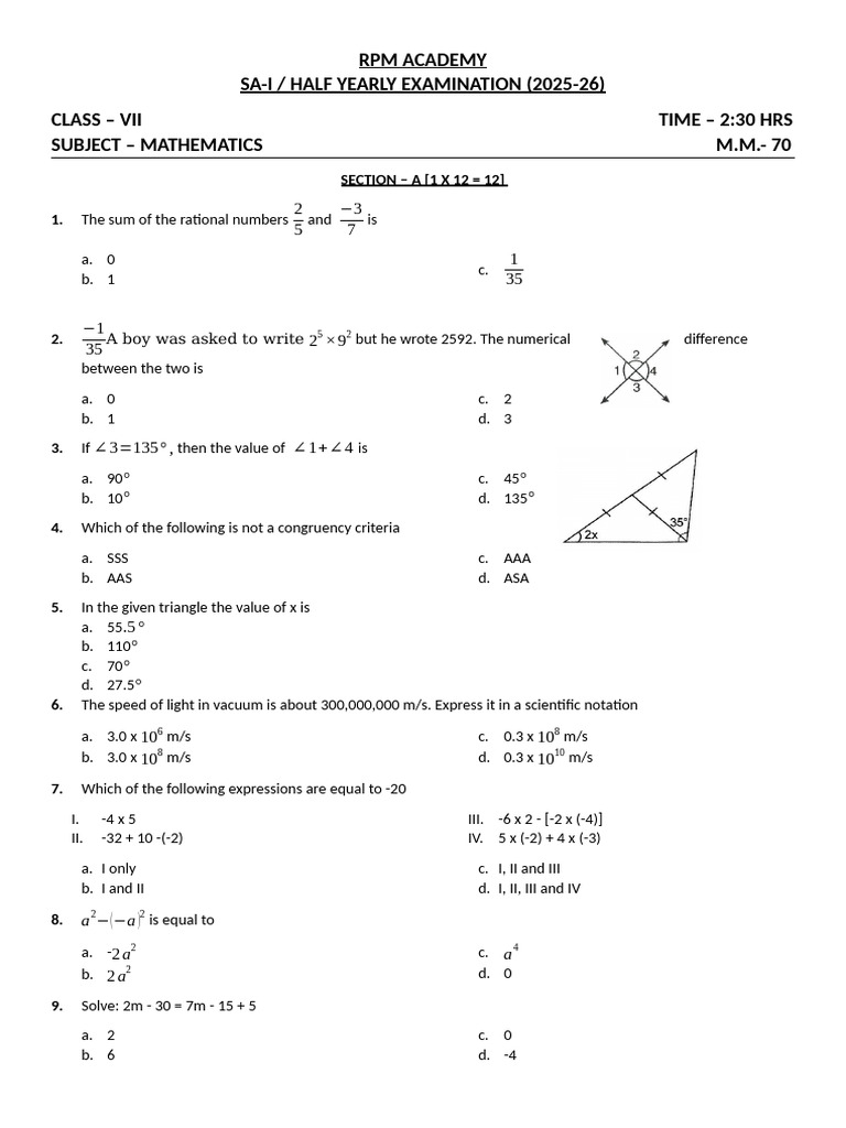 Class - Vii Sa-I (Mathematics) | PDF | Equations | Euclidean Geometry