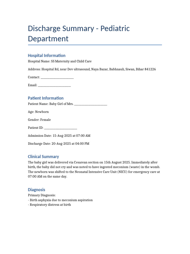 Baby Discharge Summary - NICU Care | PDF