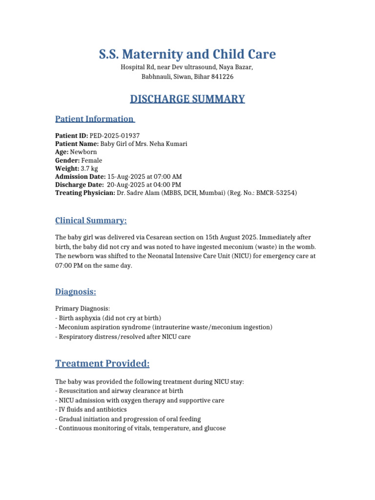 Baby Discharge Summary - NICU Care | PDF