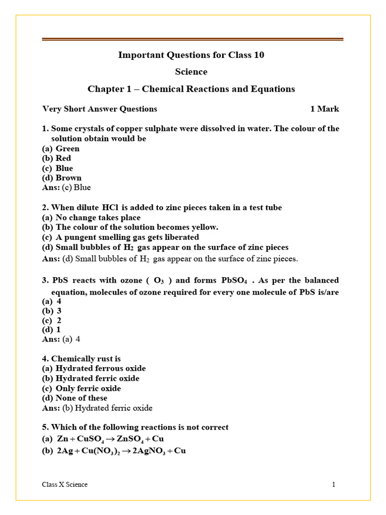 Important Questions Class 10 Science Chapter 1 | PDF | Chemical Reactions | Redox