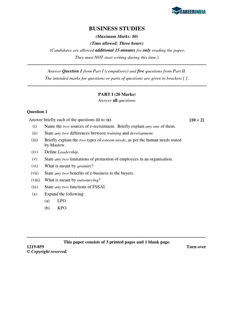 ISC Class 12 Business Studies Question Paper - 2019 | PDF | Business