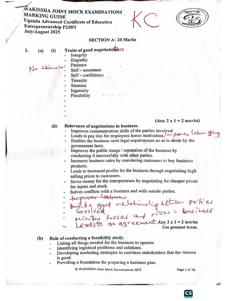 Wakisha Ente1 Marking Guides 2025 | PDF