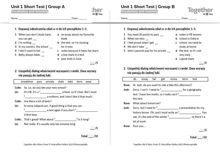 Unit 1 Short Test for Class 6 | PDF
