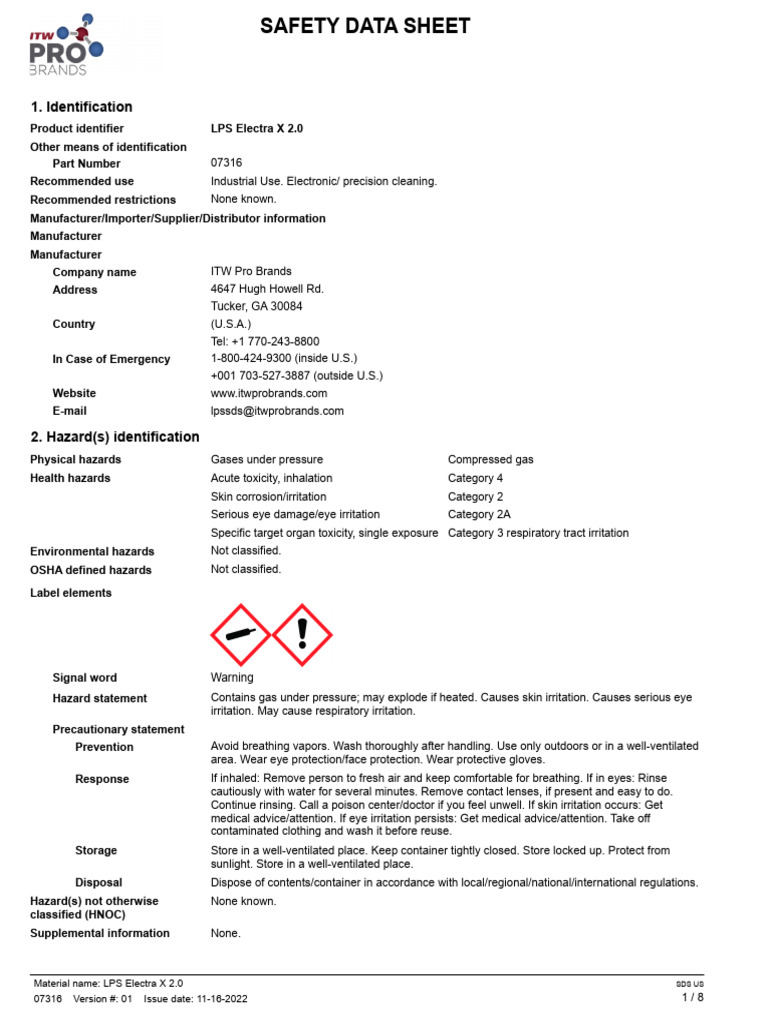 LPS Electra X 2.0 Safety Data Sheet | PDF | Hazards | Toxicity