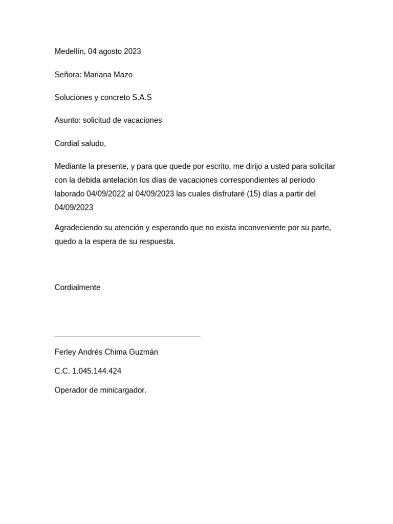 Carta de Vacaciones Ferley | PDF