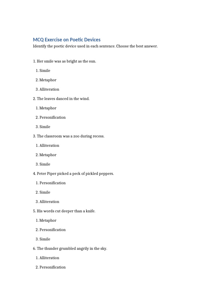 MCQ on Poetic Devices with Answers | PDF