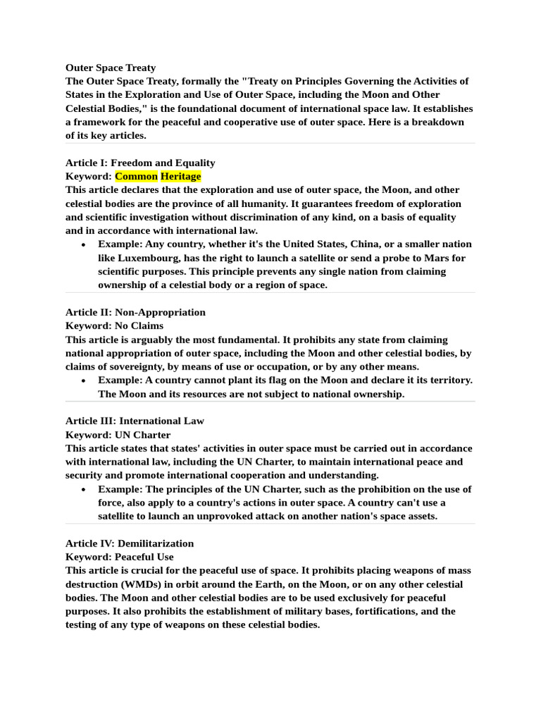 Overview of the Outer Space Treaty | PDF | Ratification | Treaty