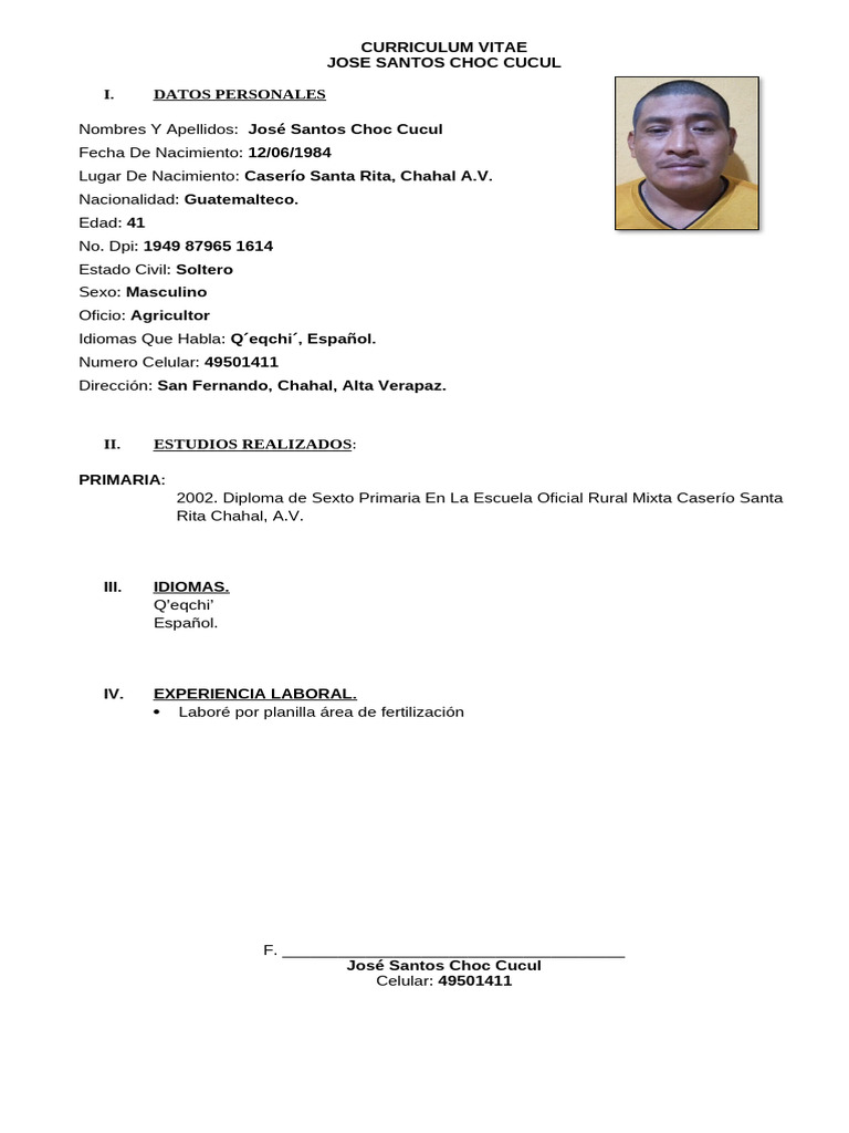 Currículum Vitae de José Santos Choc Cucul | PDF