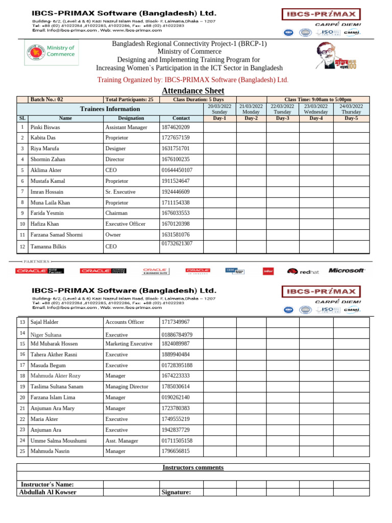 Attendance Sheet 02 BTA | PDF