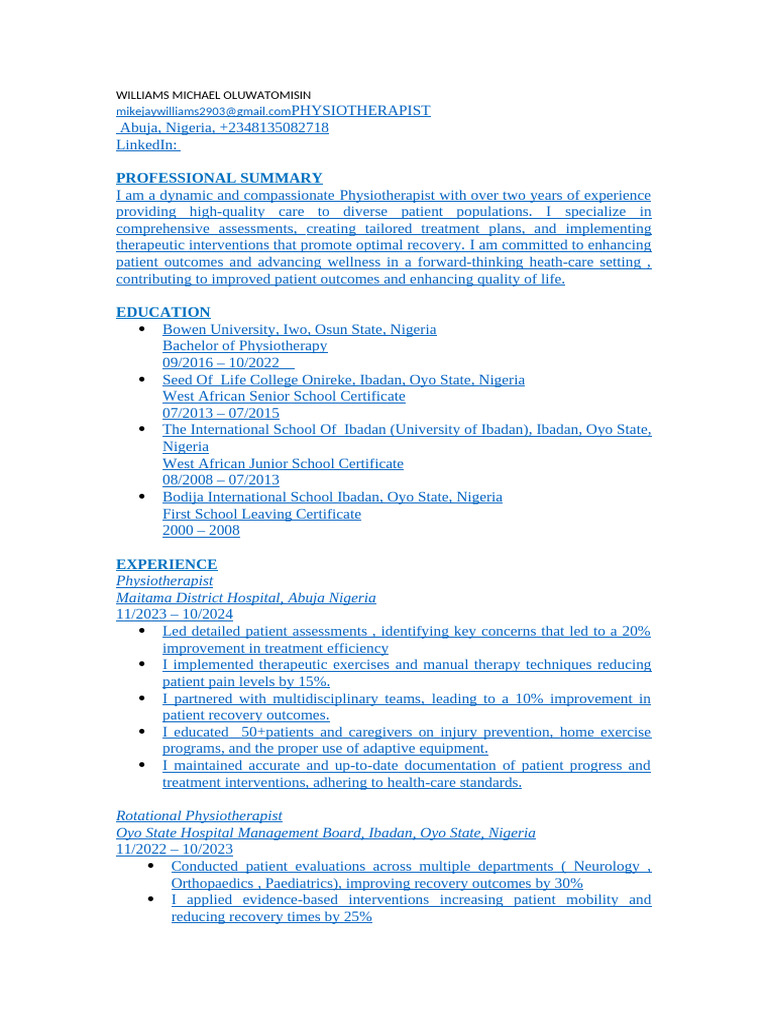 Williams Michael Work CV | PDF | Physical Therapy | Social Programs
