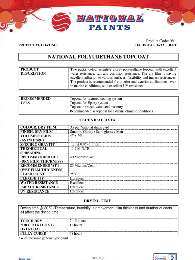 National Polyurethane Topcoat Data Sheet | PDF | Epoxy | Paint