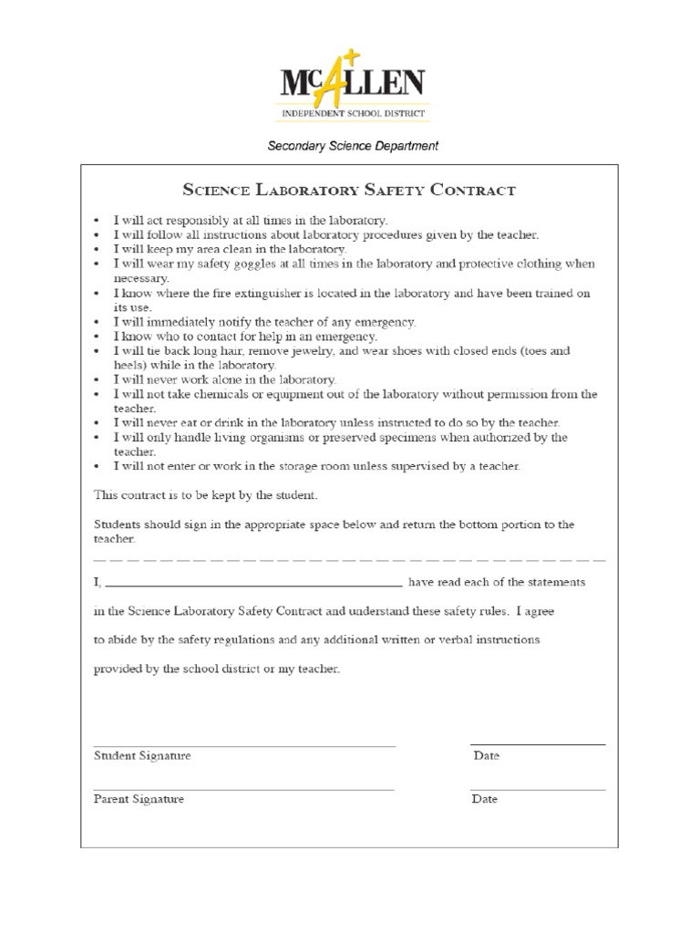 Secondary Science Lab Safety Contract (Must Use) | PDF