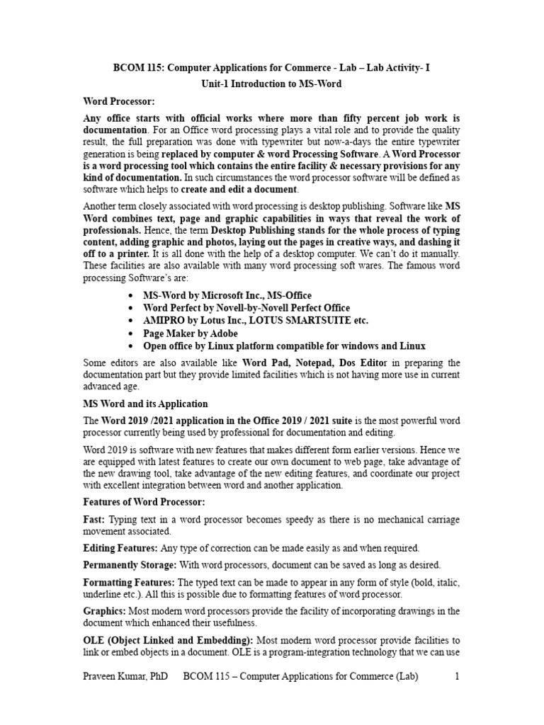 BCOM-115-ITLab Activity - 1 - Introduction To MS Word | PDF | Microsoft Word | Menu (Computing)