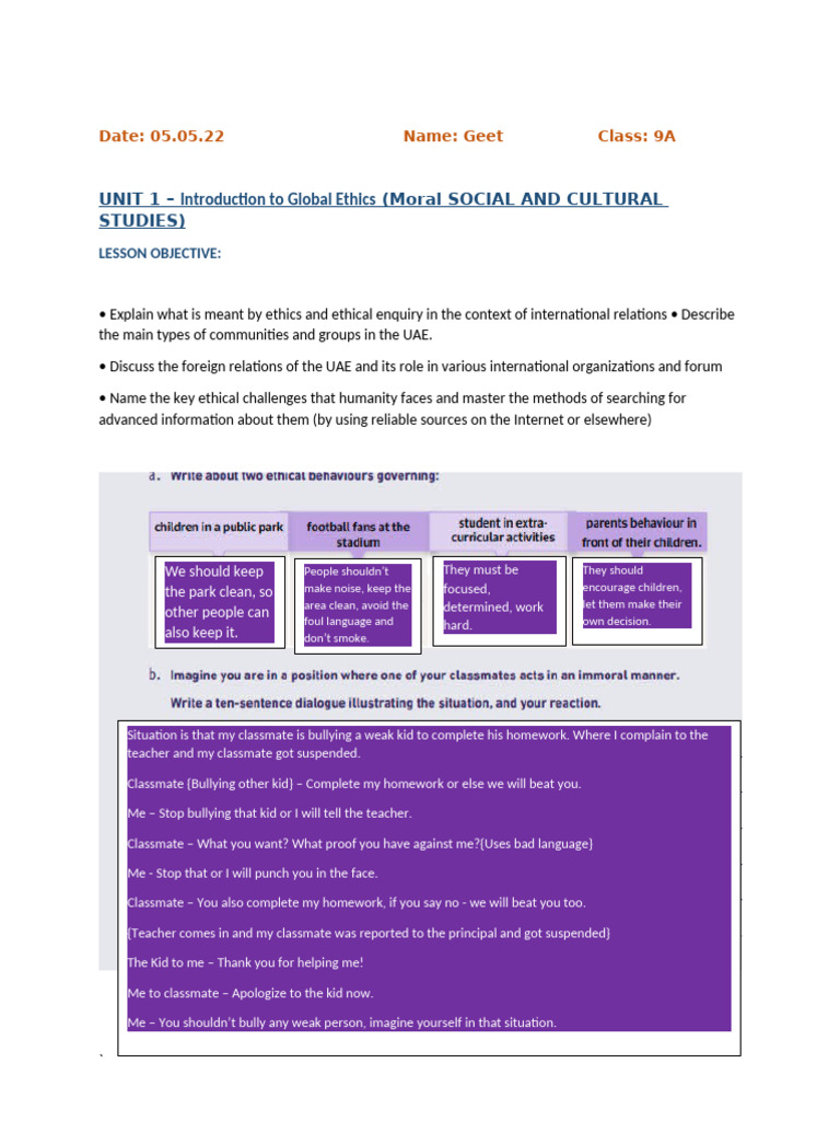 Gr.9 - Unit 1 - Global Ethics Worksheet | PDF