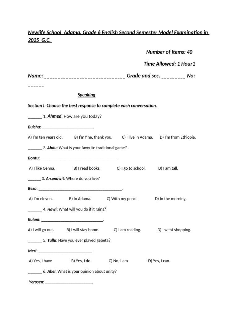 English Second Semester Model Exam For Grade Six | PDF