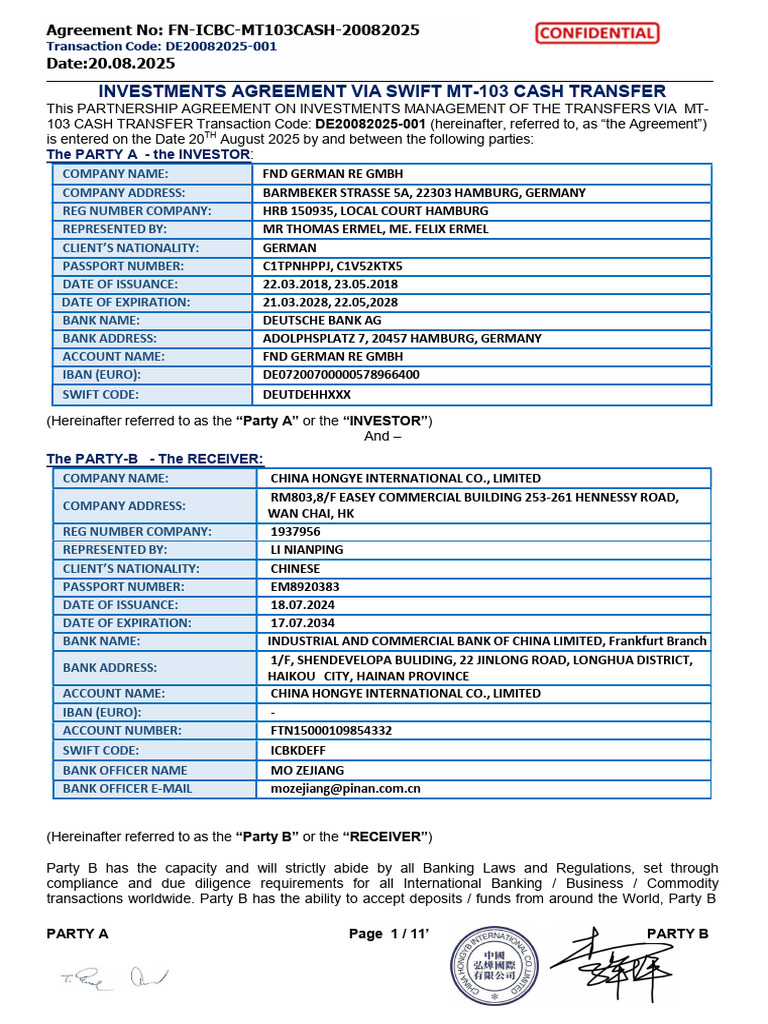 MT-103 Cash Transfer Investment Agreement | PDF | Arbitration | Banks