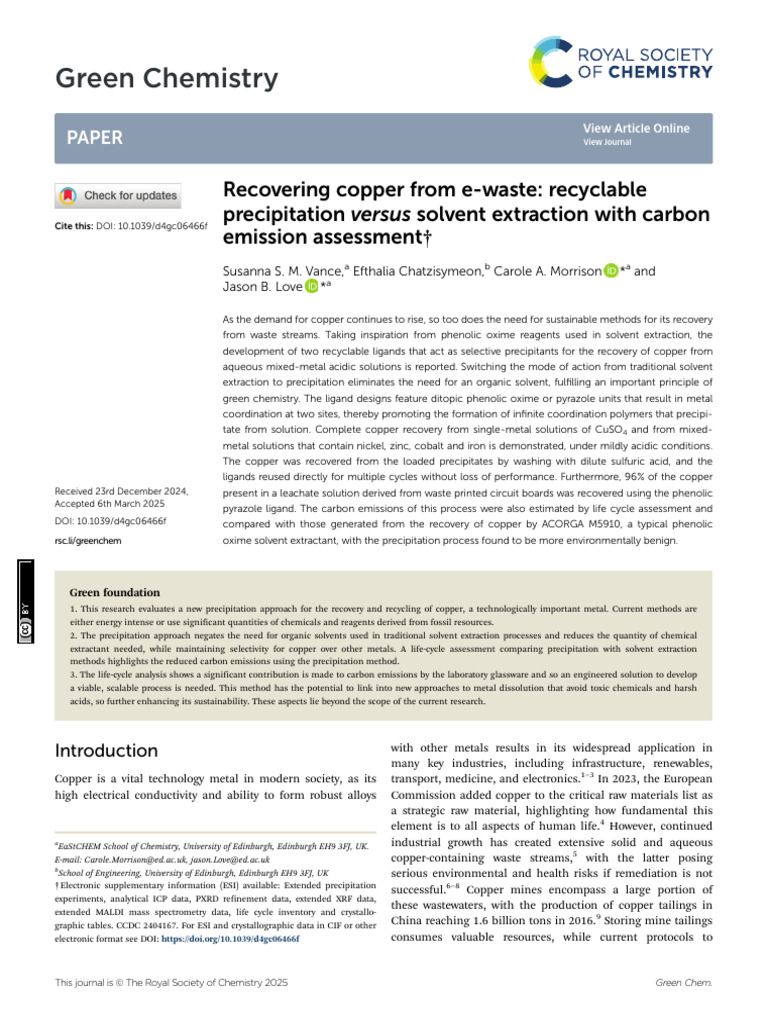 Recovering Copper From E-waste-recyclable Precipitation Versus Solvent Extraction With Carbon ...