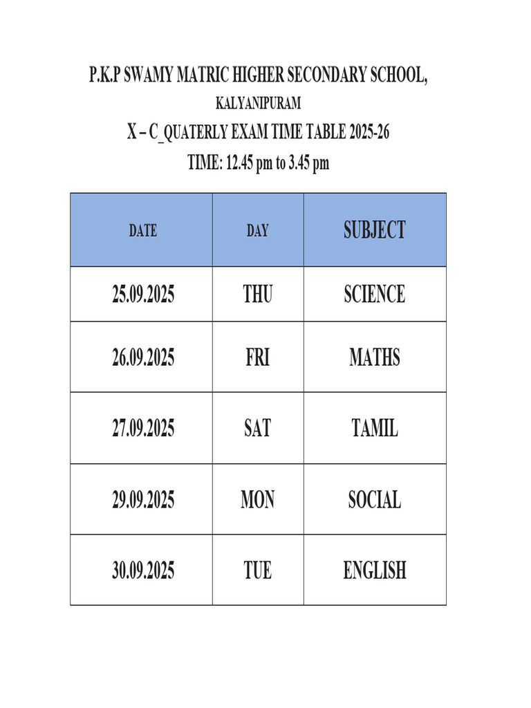 X - C - Quaterly Exam Time Table | PDF