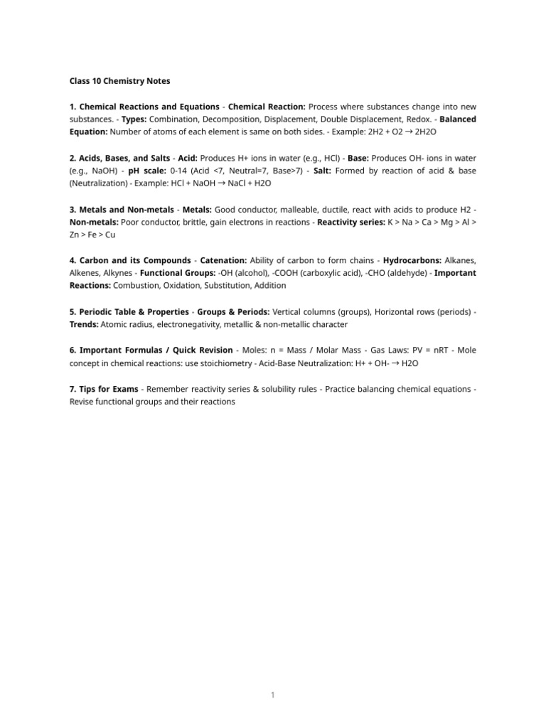 Class 10 Chemistry Study Guide | PDF