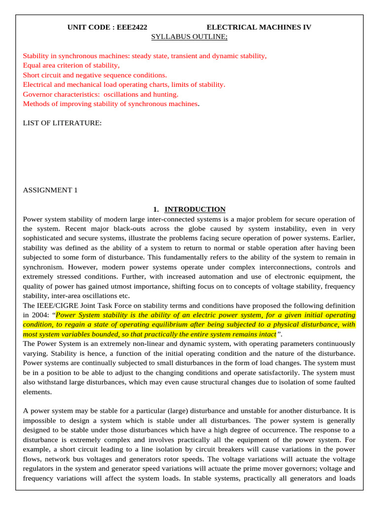 Power System Stability in Synchronous Machines | PDF | Steady State ...