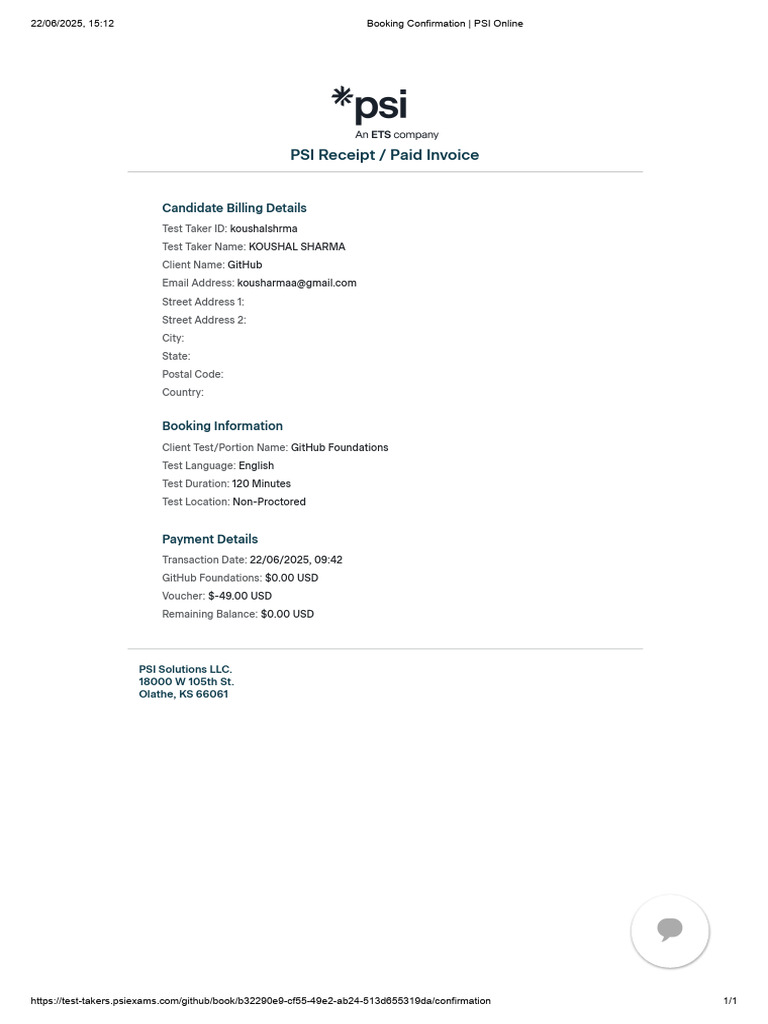 Booking Confirmation - PSI Online | PDF