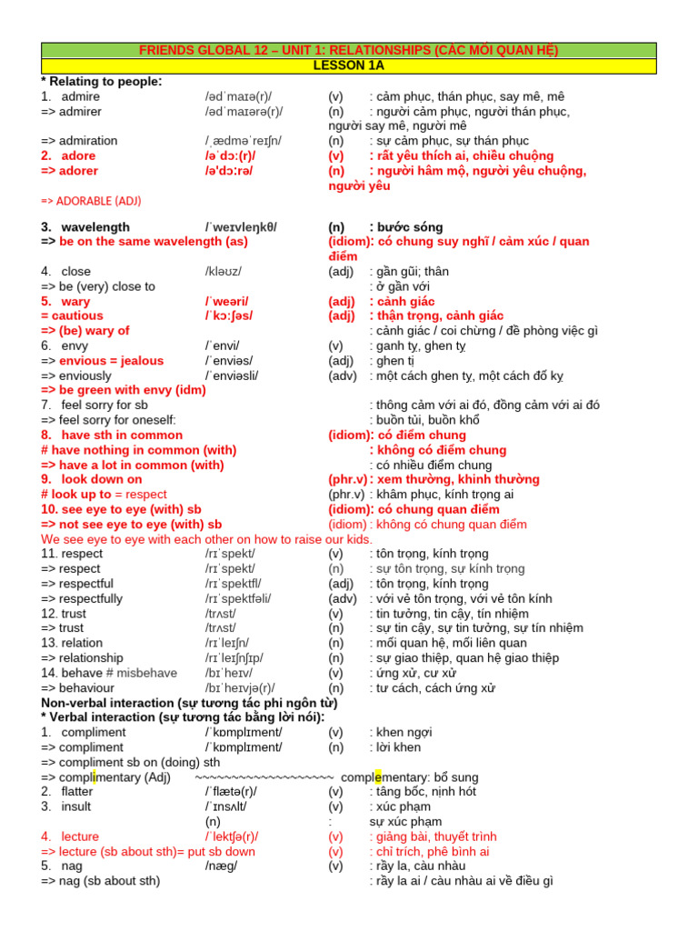 Friends Global 12 - Unit 1 - Vocab | PDF