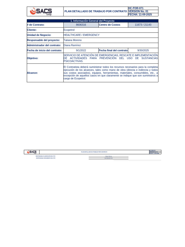 Hc-For-71 Plan Detallado de Trabajo Por Contrato - v01 | PDF