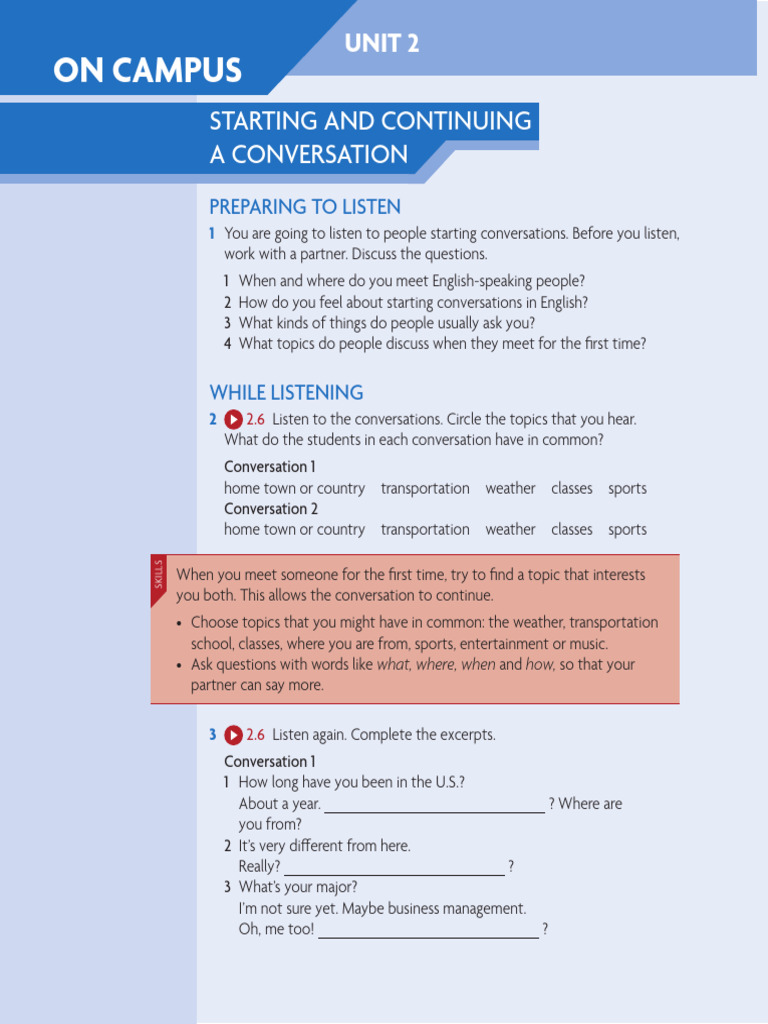Listening and Speaking 2 on Campus Unit 2 | PDF | Conversation