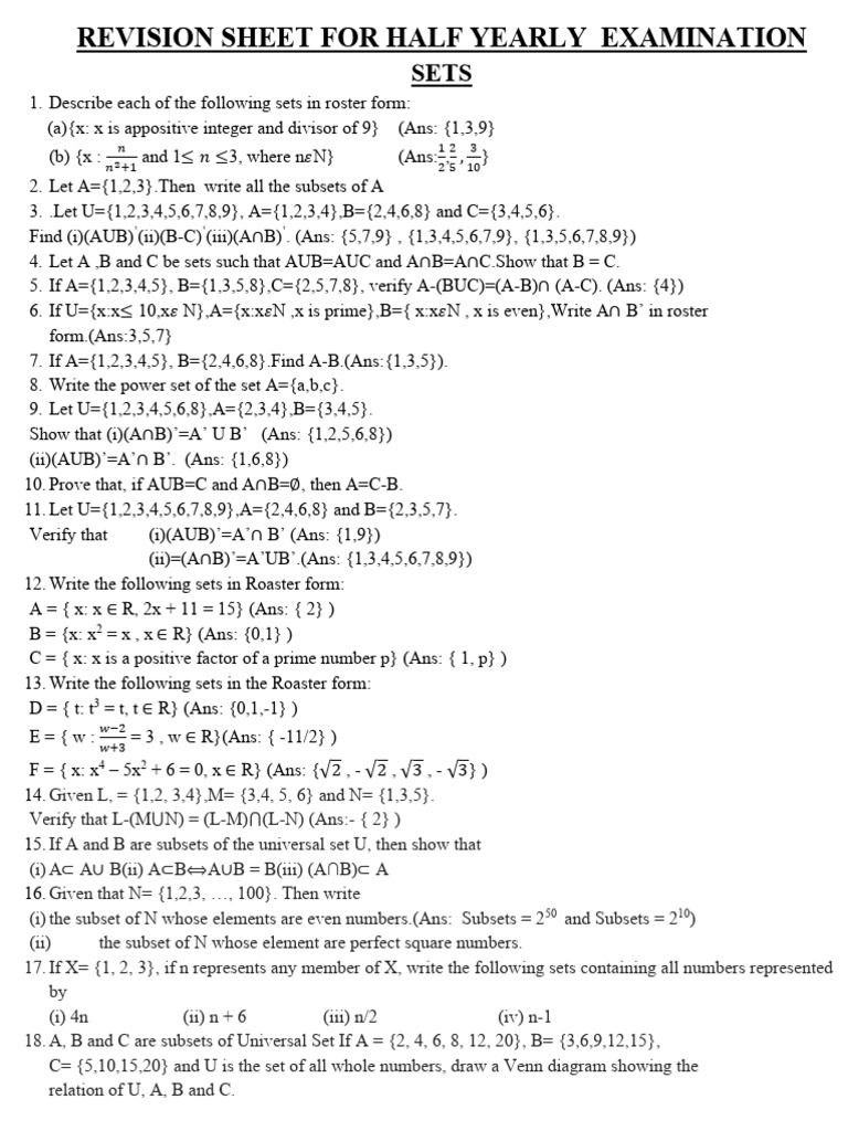 Half-Yearly Exam Revision: Set Theory | PDF | Function (Mathematics ...