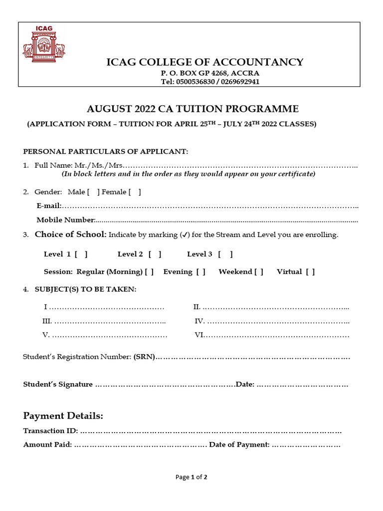 August 2022 CA Tuition Application Form | PDF | Business | Payments