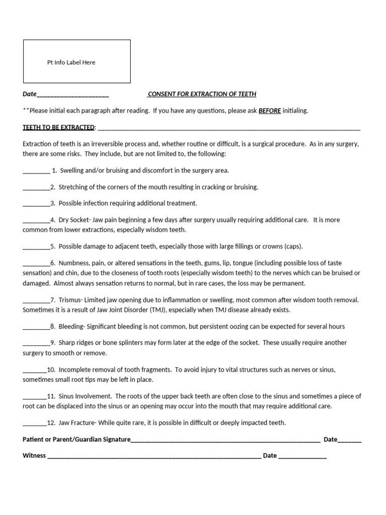 Consent for Extraction of Teeth | PDF | Medical Specialties | Dentistry ...