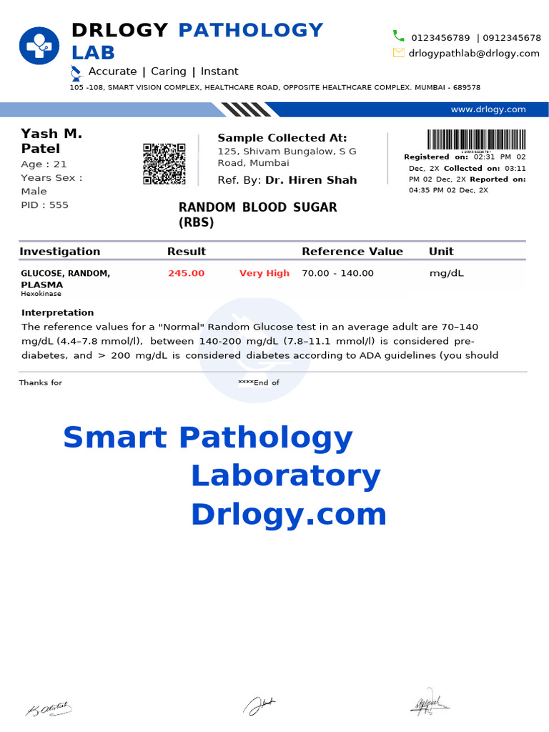 Random Blood Sugar Test Report | PDF