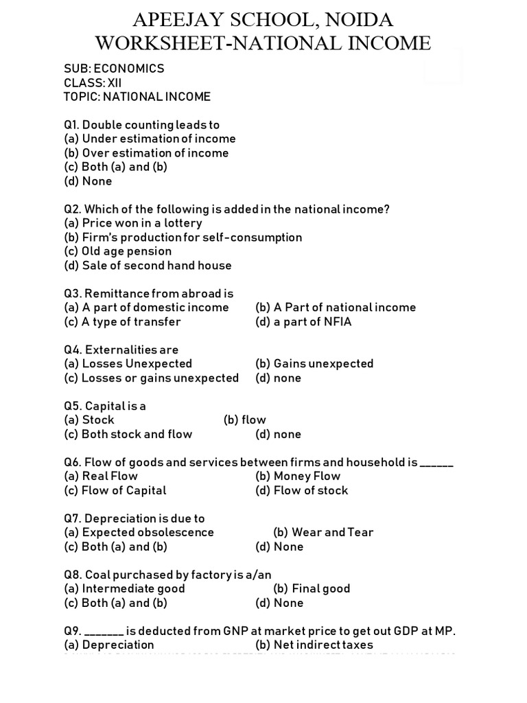 Economics Class XII National Income Worksheets | PDF | Gross Domestic ...