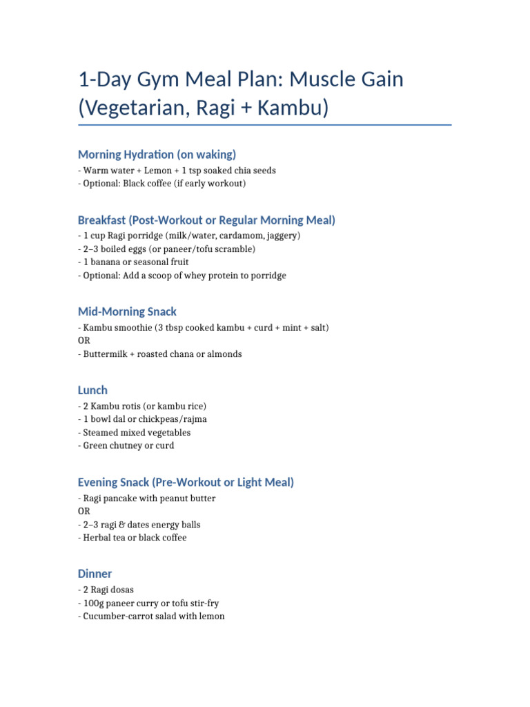 1-Day Gym Meal Plan Ragi Kambu Muscle Gain Veg | PDF