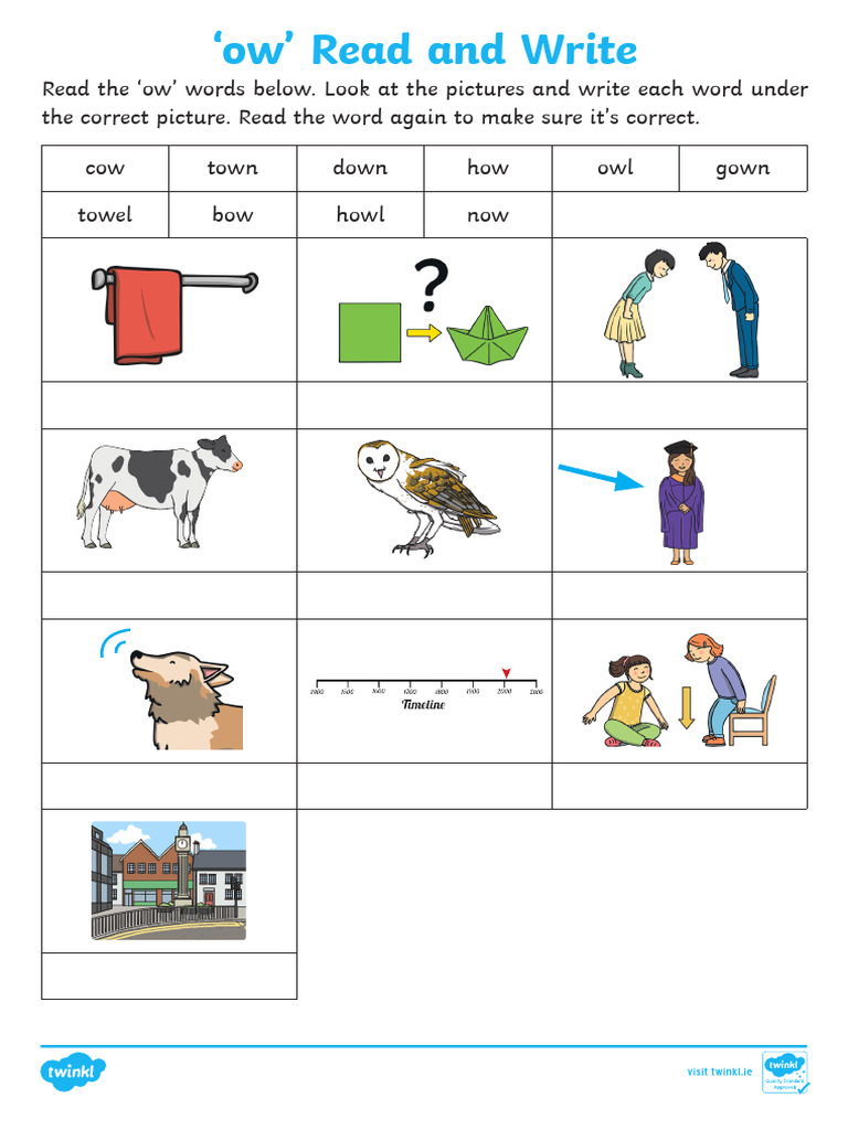 'ow' Words Reading and Writing Activity | PDF