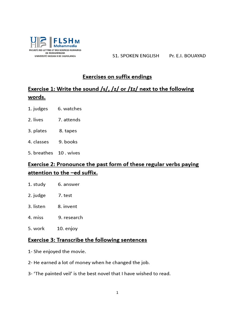 S1 Exercises On Pronunciation of Suffix Endings | PDF