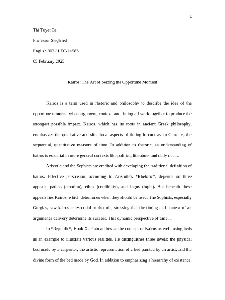 Kairos Essay ThiTuyetTa MLA | PDF | Rhetoric | Persuasion