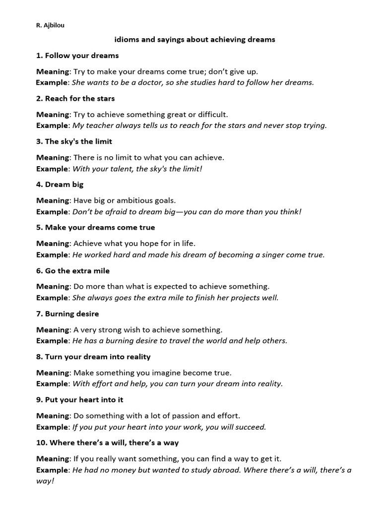 Idioms and Sayings About Achieving Dreams | PDF