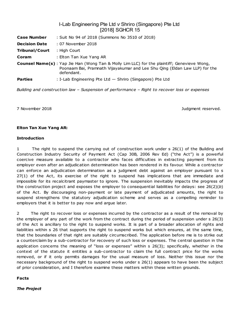 (SOPA-suspend Work) I-Lab V Shriro (2018) SGHCR 15 | PDF | Damages ...