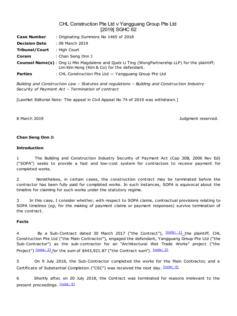 (SOPA-penultimate Claim) CHL V Yangguang (2019) SGHC 62 (Amended) | PDF ...