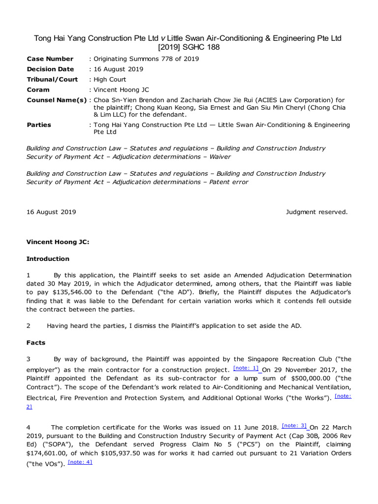 (SOPA-not Set Aside) Tong Hai Yang V Little Swan (2019) SGHC 188 | PDF ...