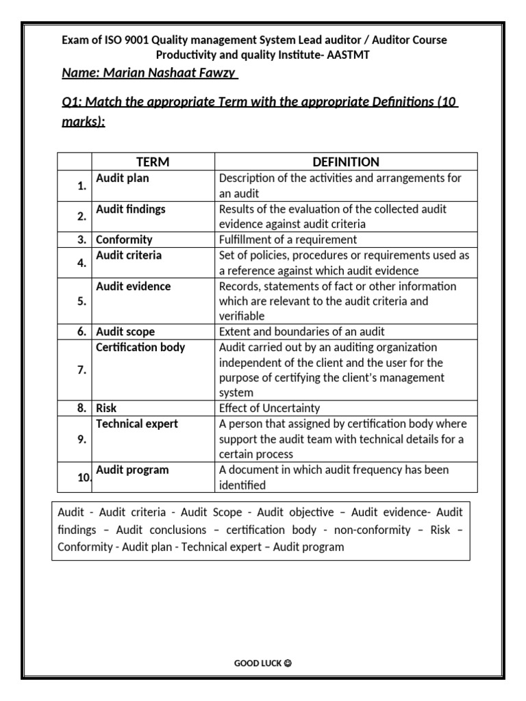 Exam Answers Marian Iso9001 | PDF | Audit | Quality Management System