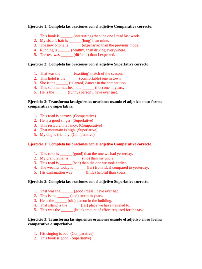 Ejercicios Superlativos y Comparativos Respuesta | PDF | Resort